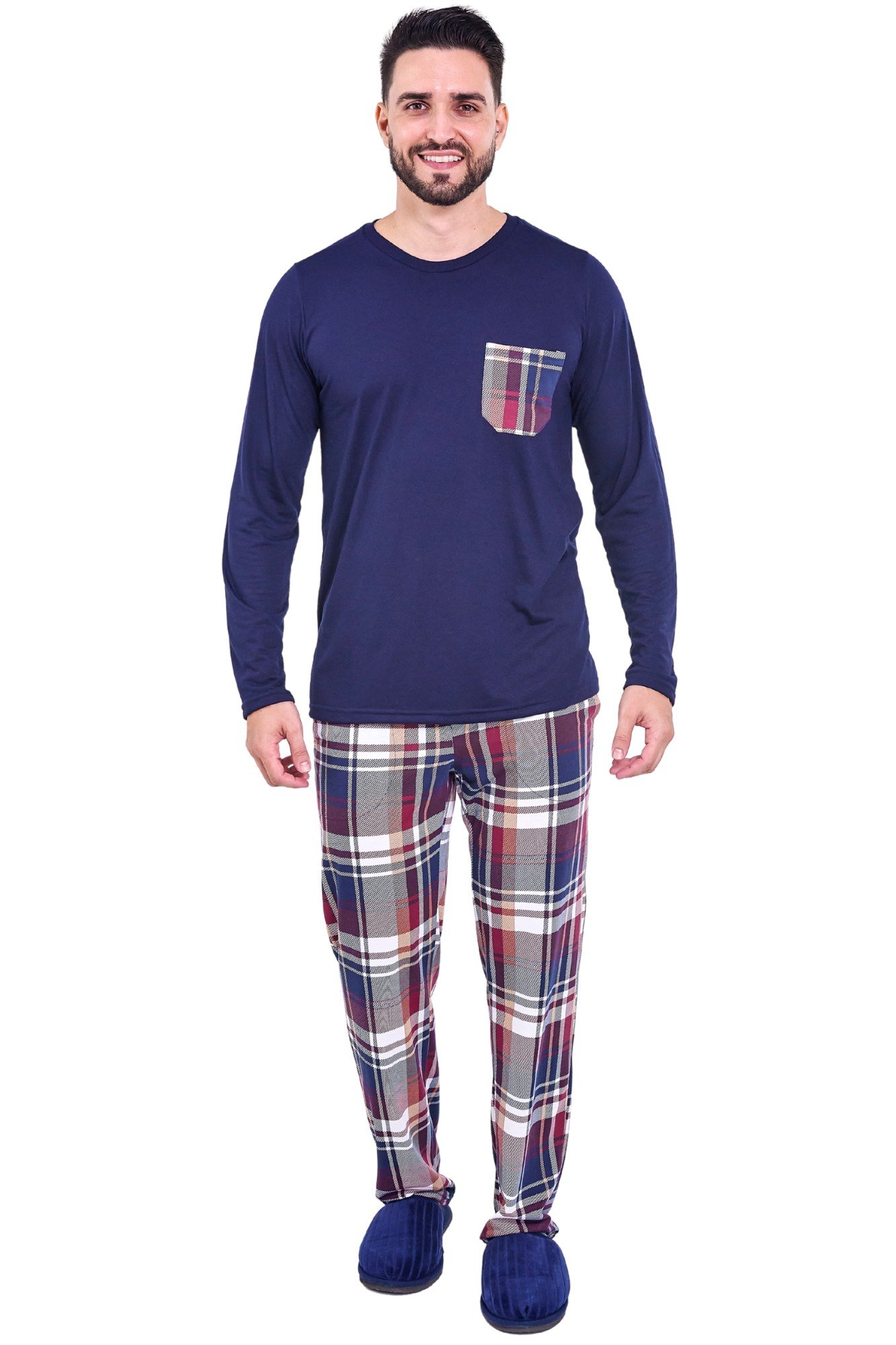 Pijama Masculino Adulto Longo em Malha - Xadrez com Marinho